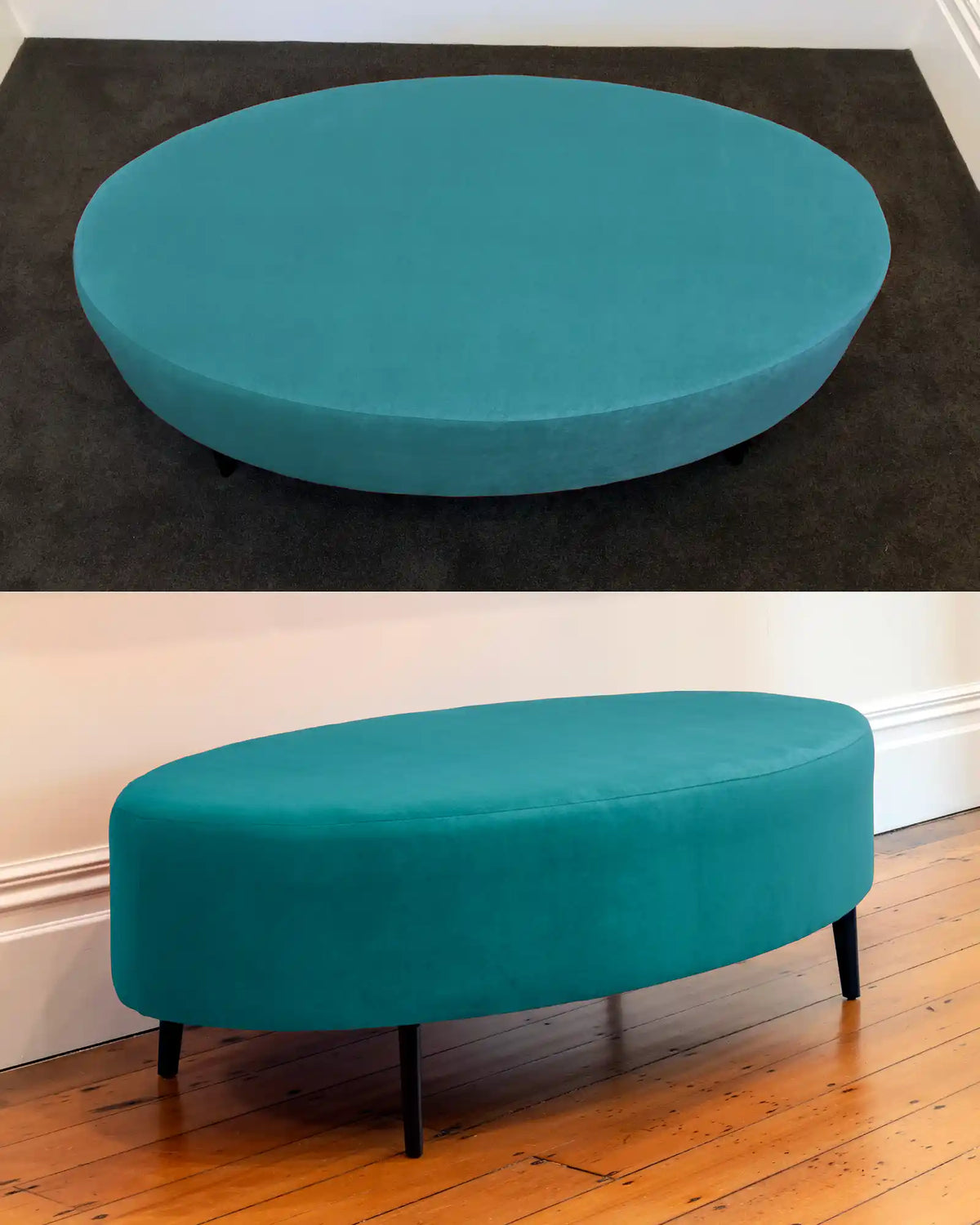 Oval Fabric Ottomans | Aqua Velvet Ottoman NZ — Gorgeous Creatures