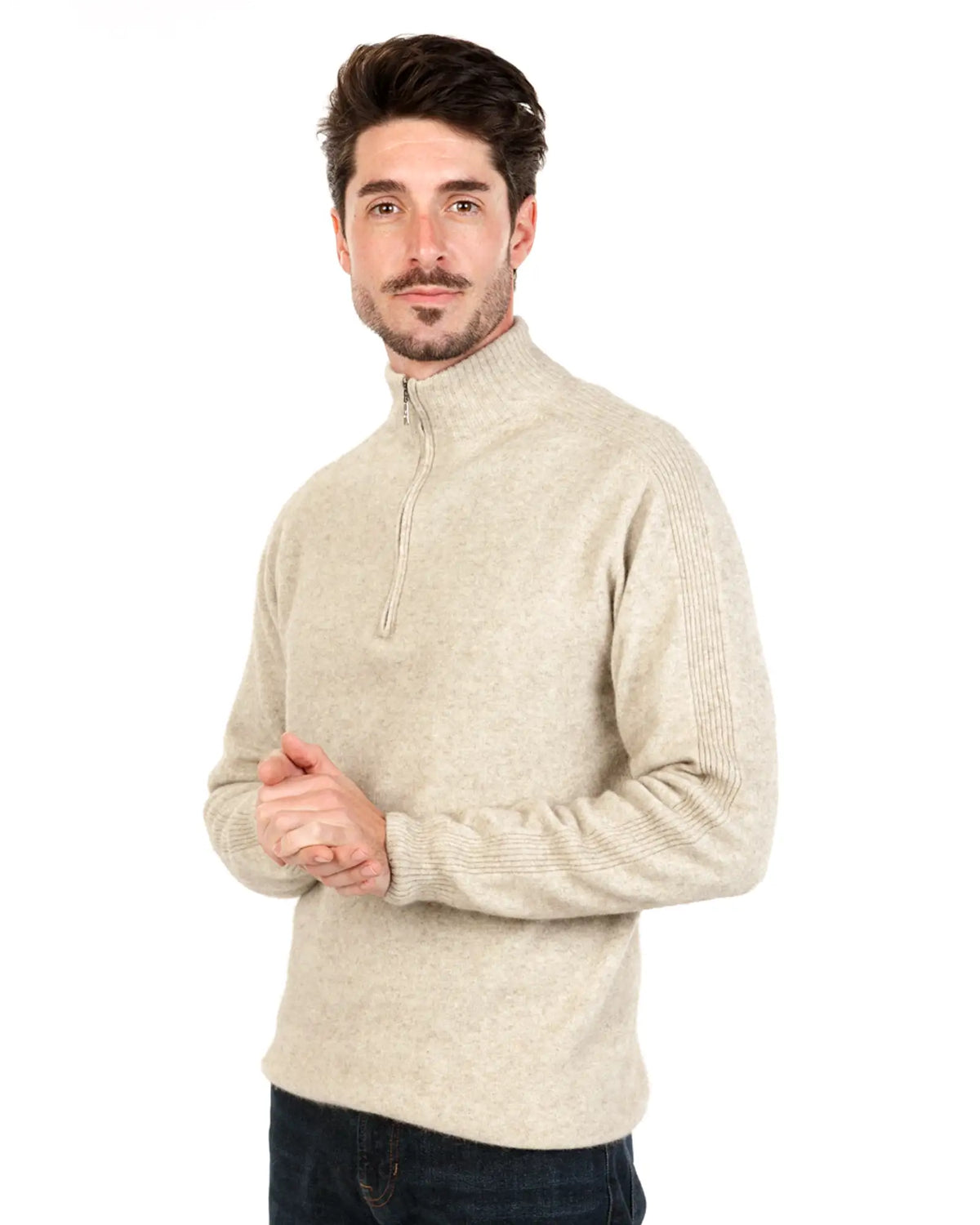 Men's Natual Beige Possum Merino Half-Zip Sweater — Gorgeous Creatures