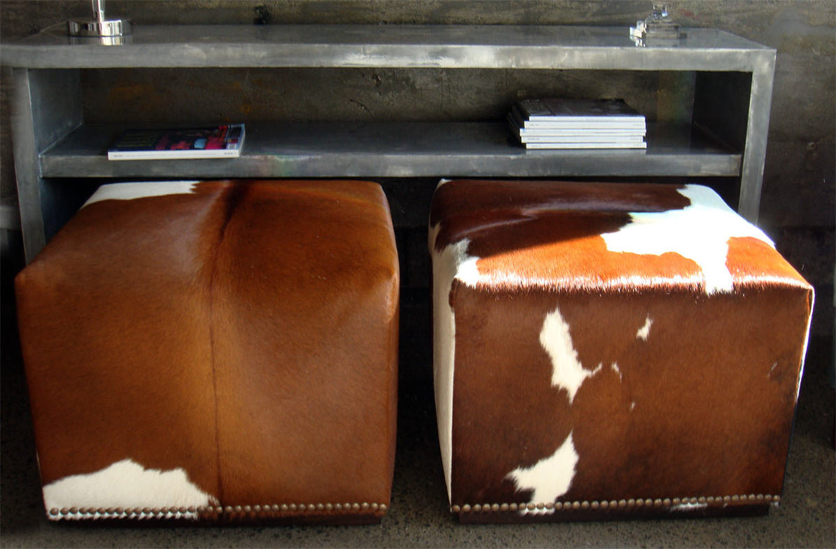 Brown and White Cowhide Cube Stools Wood Base — Gorgeous Creatures
