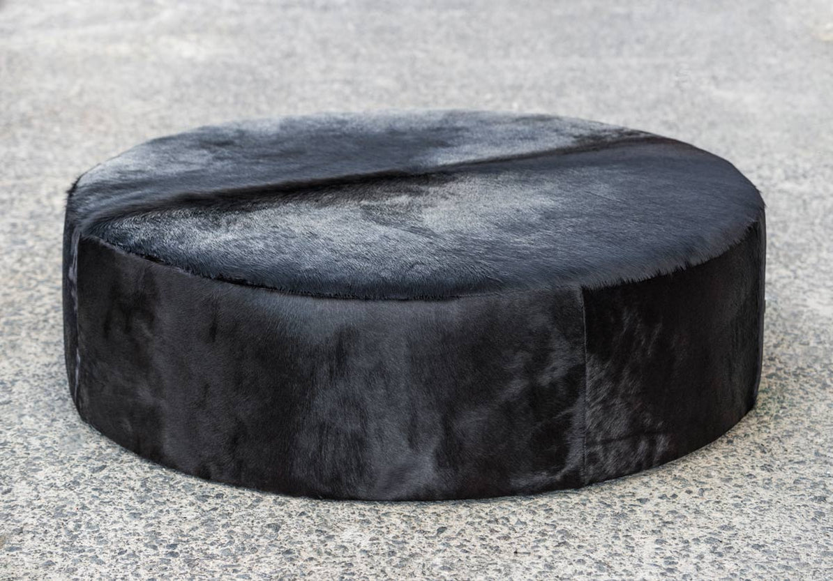 Big Round Black Cowhide Ottoman Australia — Gorgeous Creatures